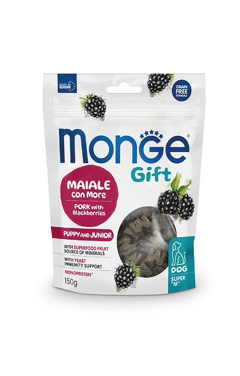 MONGE Gift Dog Poslastica za pse PUPPY&JUNIOR, svinjetina i borovnica, 150g