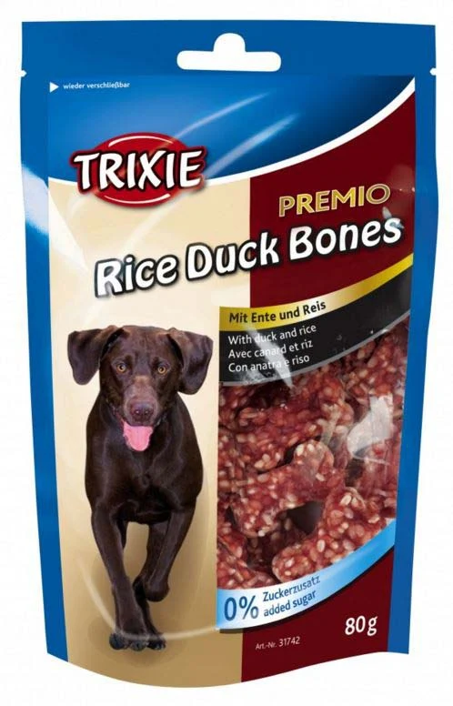TRIXIE Poslastica za pse Premio Bones Pirinčane kosti s Pačetinom 80g