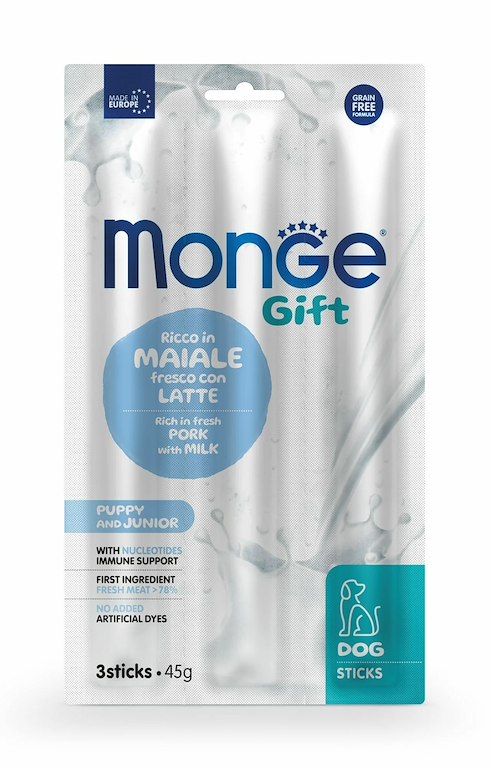 MONGE Gift Dog Poslastica za pse PUPPY&JUNIOR, svinjetina i mleko, 45g