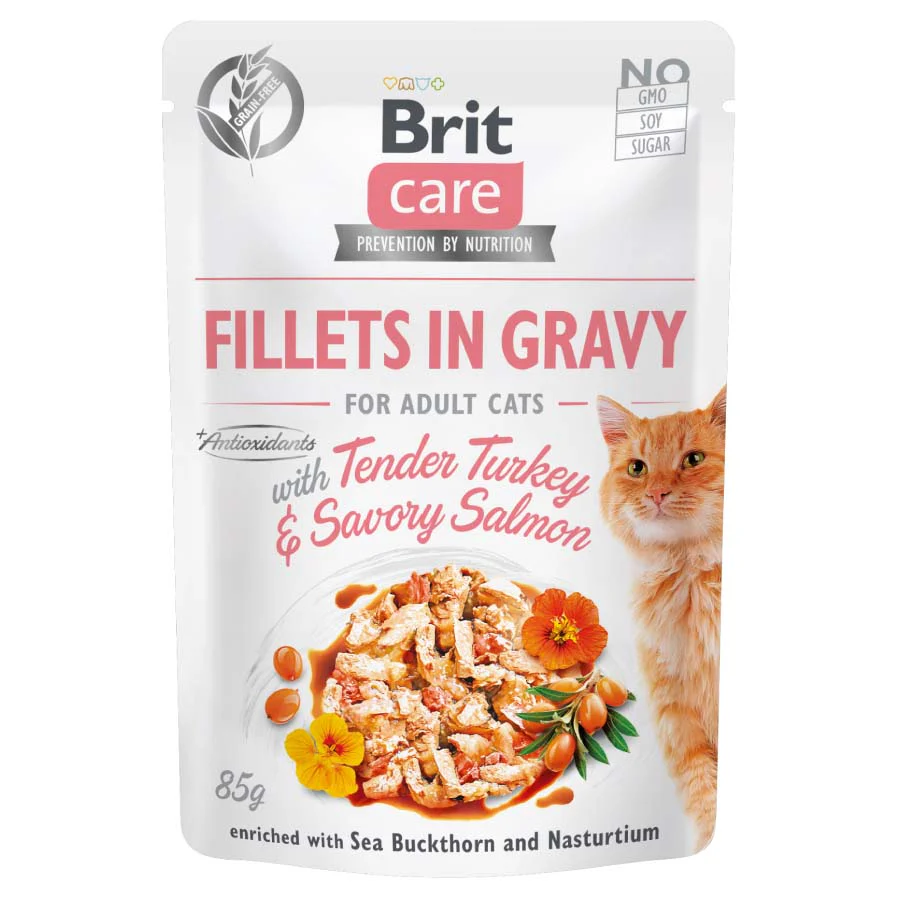 BRIT CARE kesica, fileti u sosu s ćuretinom i lososom, 85% mesa, 85g