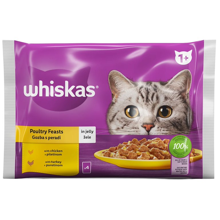 WHISKAS Multipack za mačke Adult Izbor živine u želeu, 1+ godina, 4x85g
