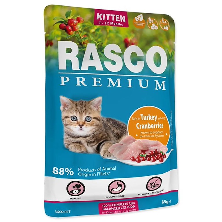 RASCO Premium KITTEN, fileti u sosu s ćuretinom i brusnicom, 85g