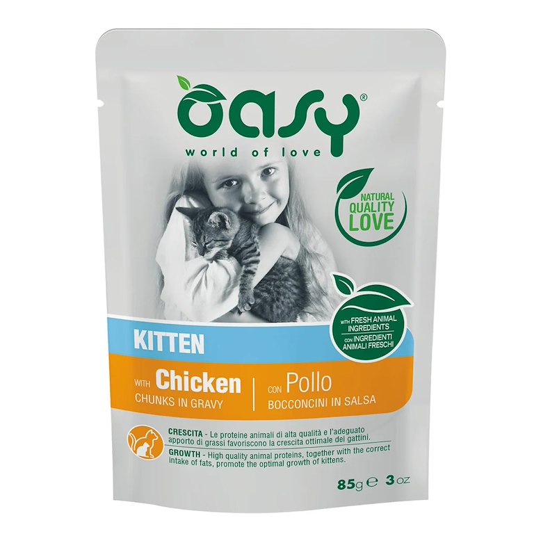 OASY Kesica za mačiće, komadići u sosu KITTEN s piletinom, 85g