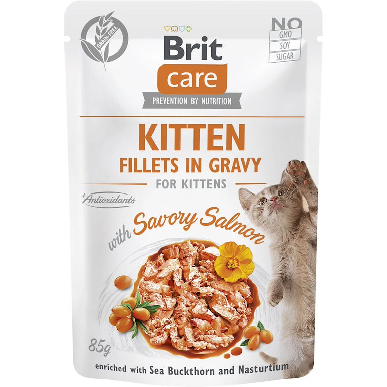 BRIT CARE kesica, KITTEN fileti u sosu sa lososom, 85% mesa, 85g