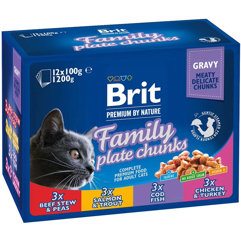 BRIT PREMIUM kesice, sočni komadići, family obrok, 12x100g