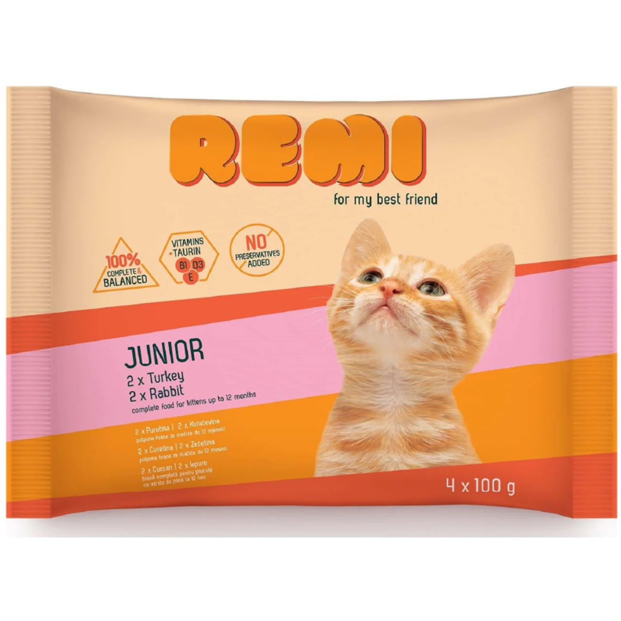 REMI Cat Multipak JUNIOR, 2x s ćuretinom i 2x s zečetinom, u želeu, 4x100g