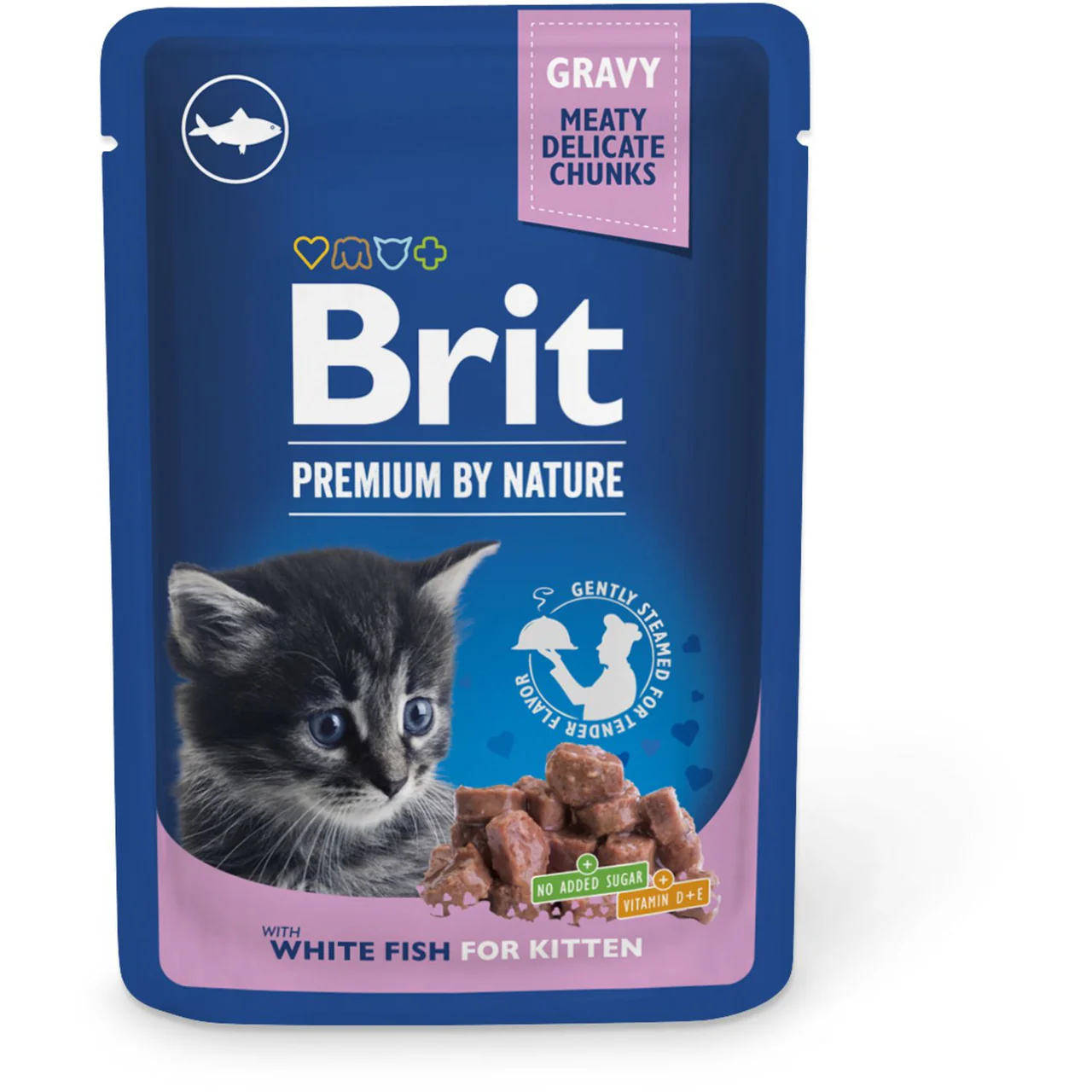 BRIT PREMIUM kesica, sočni komadići, KITTEN bela riba, 100g