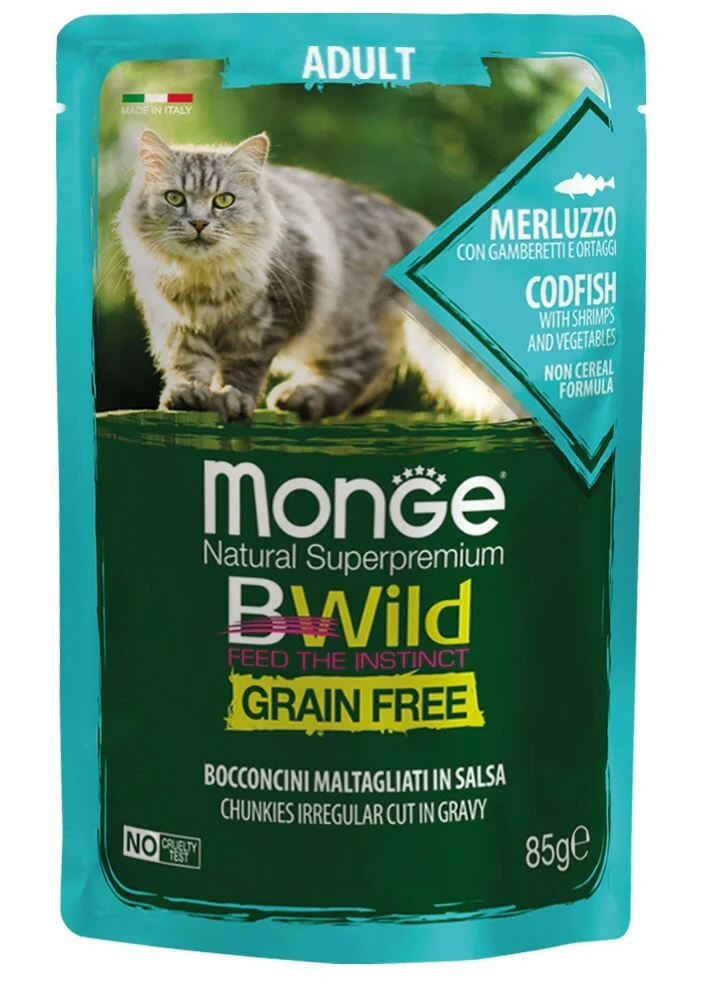 BWILD Sos za odrasle mačke, Bakalar s račićima i povrćem, 85g
