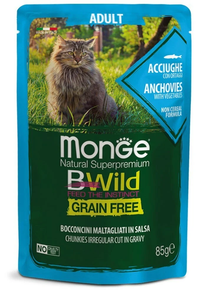BWILD Sos za odrasle mačke, Inćun s povrćem, 85g