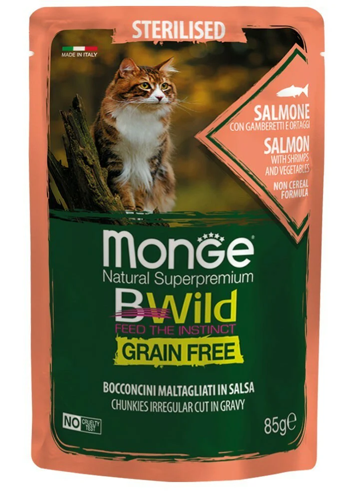 BWILD Sos za sterilisane mačke, Losos s račićima i povrćem, 85g