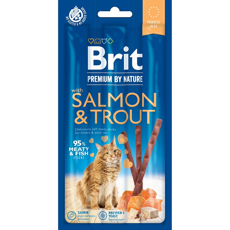 BRIT PREMIUM by Nature, meki štapići za mačke, 95% mesa, s lososom i pastrmkom