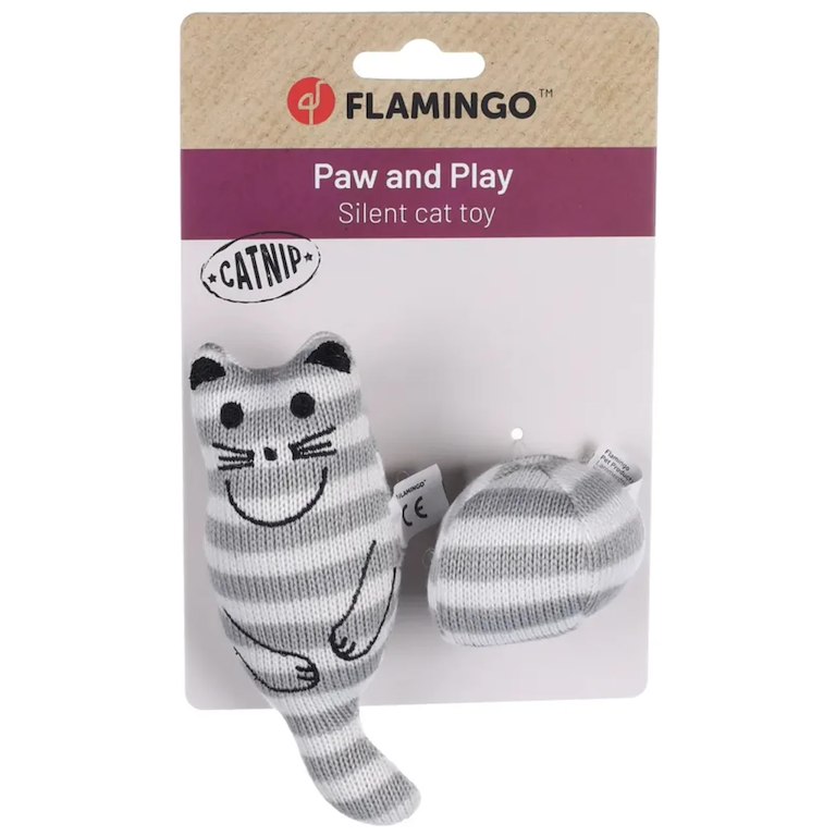 FLAMINGO Igračka za mačke Faci Mačka s loptom, tekstilna, Siva, 13cm