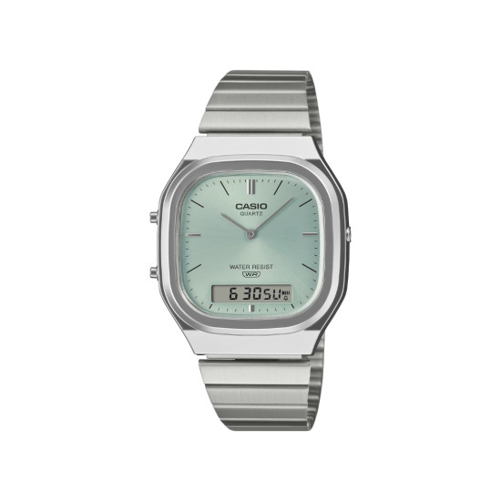Casio Vintage AQ-240E-2A unisex Edgy Silver Tone Xl Mint Green Dial Edition