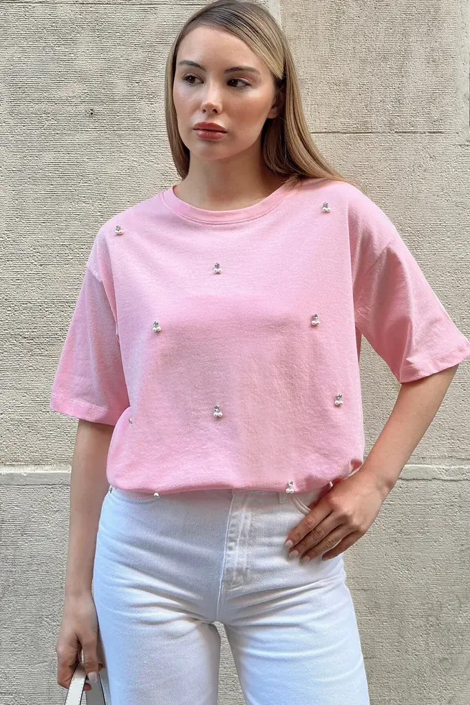 Trend Alacati Stili Ženska majica Alc-X11964, Okrugli izrez, Roze