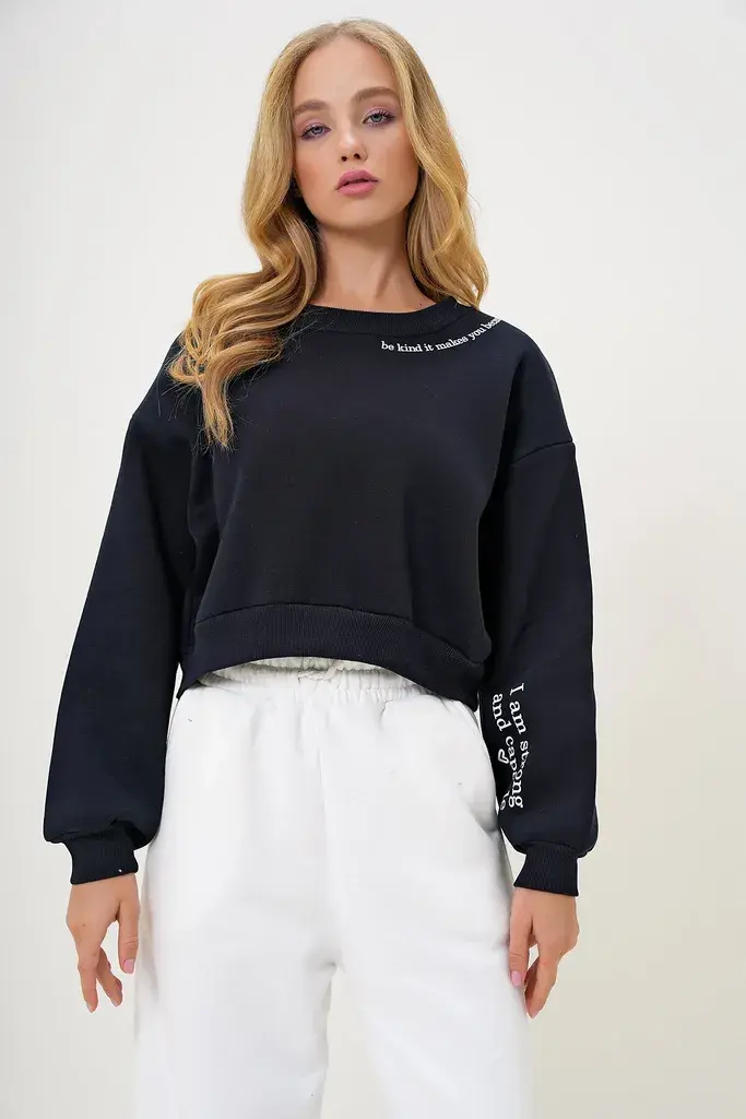 Trend Alacati Stili Ženski duks Alc-X13178, Okrugli izrez, Crni