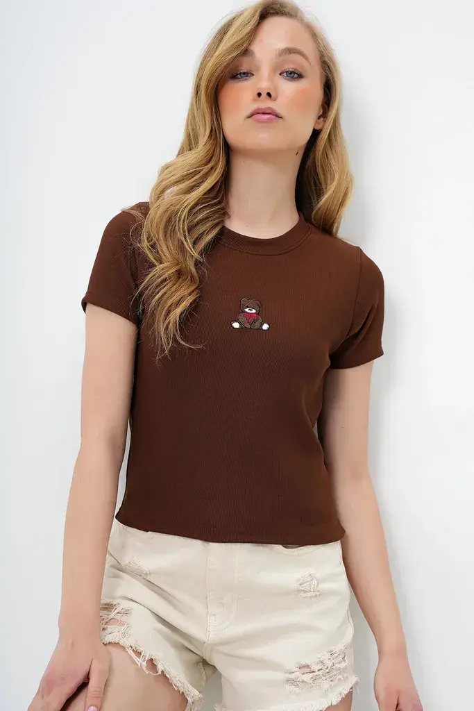 Trend Alacati Stili Ženska bluza kratkih rukava Alc-X13672, Okrugli izrez, Braon