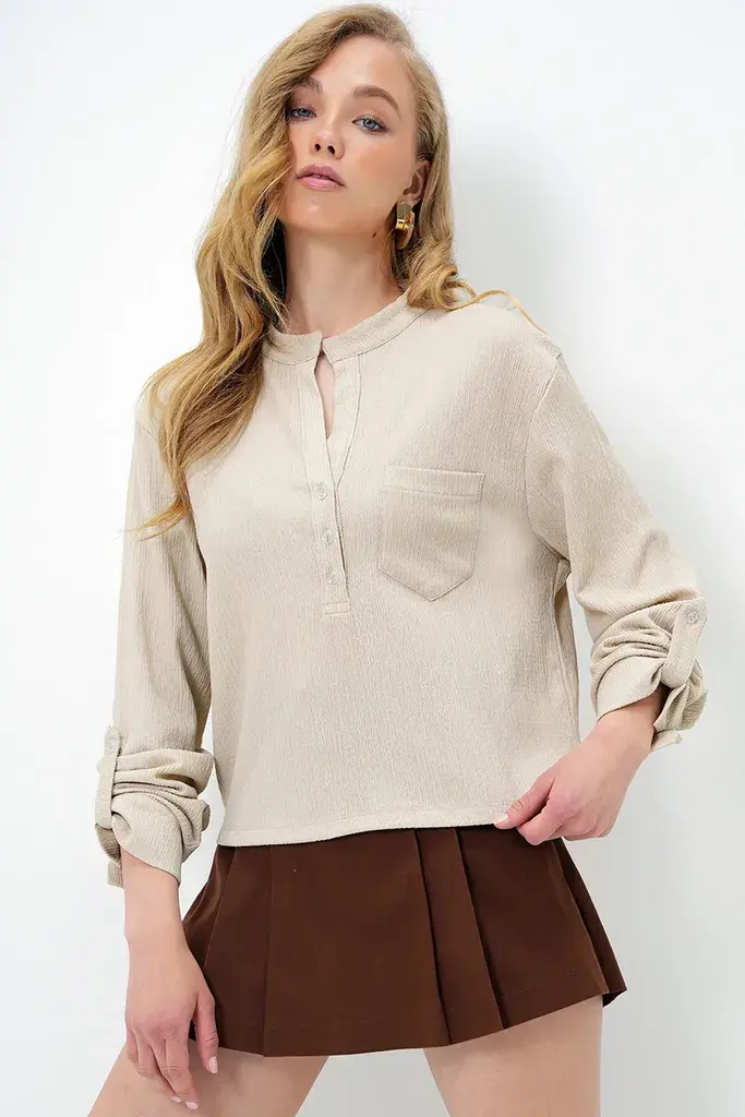 Trend Alacati Stili Ženska bluza dugih rukava Alc-X13877, V-izrez, Bež