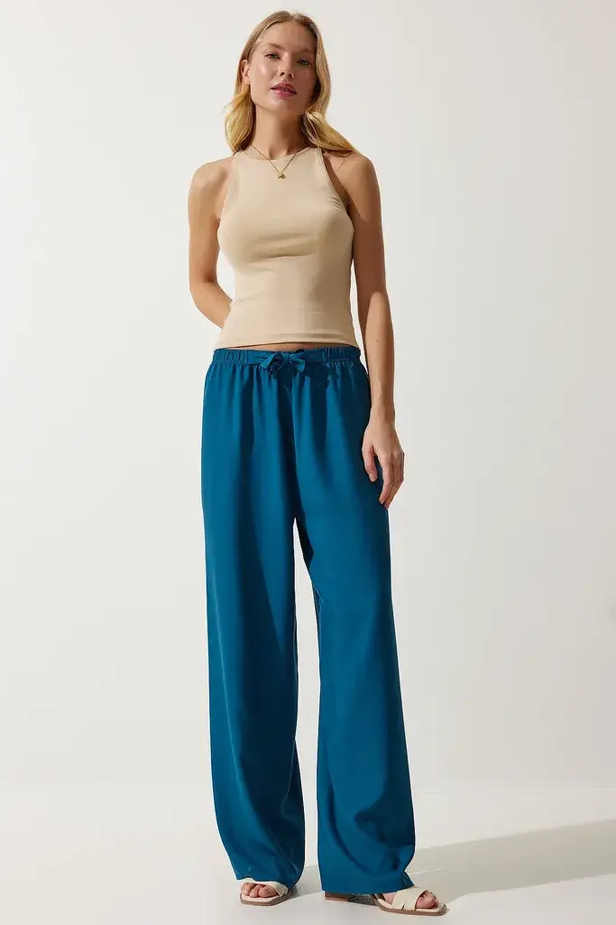 Happiness Istanbul Ženske Tirkizne Letnje Viskozne Regular fit Pantalone EN00610, Maslinasto Zelena / Plava