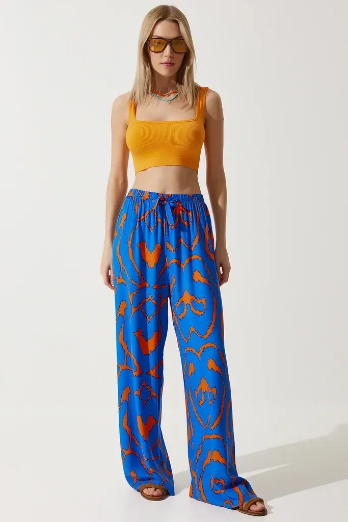 Happiness Istanbul Ženske Živopisne Plavo-Narandžaste Šarene Lepršave Viskoza Regular fit Pantalone EN00606, Žive Plave Nijanse / Plavo