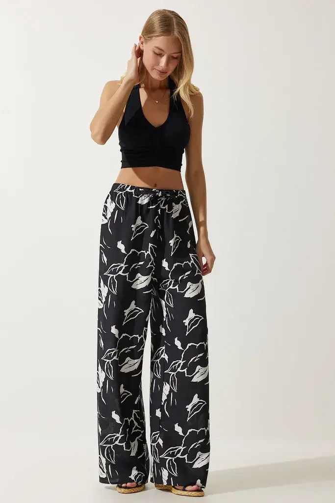 Happiness Istanbul Ženske Vibrantne Crne Šarene Lepršave Viskoza Regular fit Pantalone EN00606, Vibrantna Crna / Crna