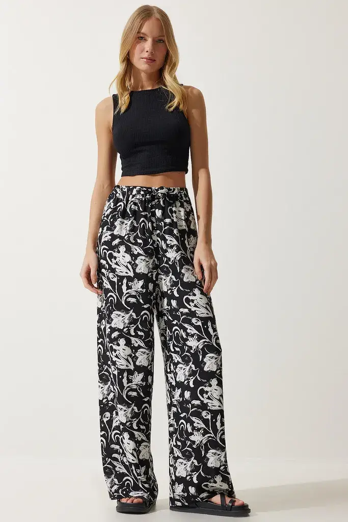 Happiness Istanbul Ženske Bele Crno Šarene Lepršave Viskoza Regular fit Pantalone EN00606, Bela / Bela Crna