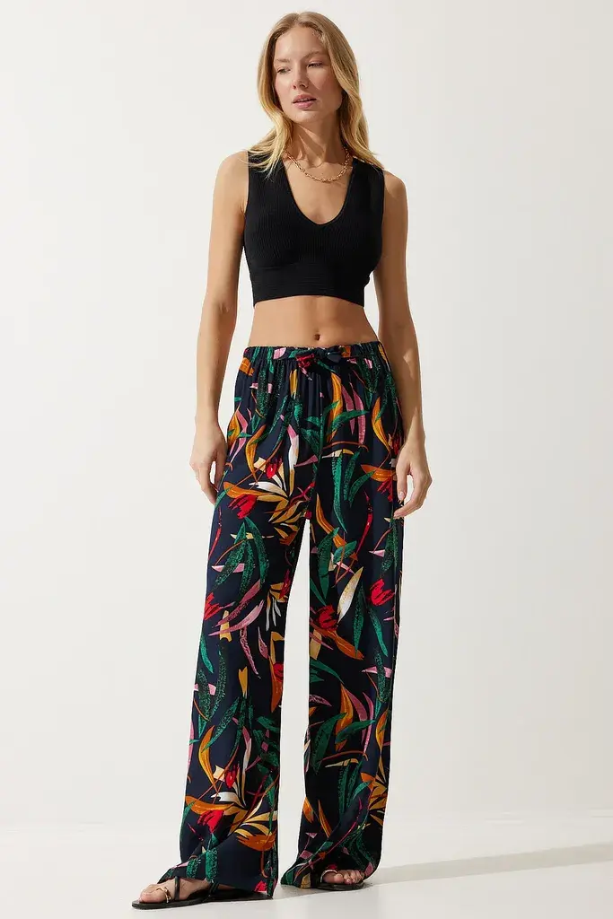 Happiness Istanbul Ženske Teget Žute Šarene Lepršave Viskoza Regular fit Pantalone EN00606, Teget Žuta / Tamno plava