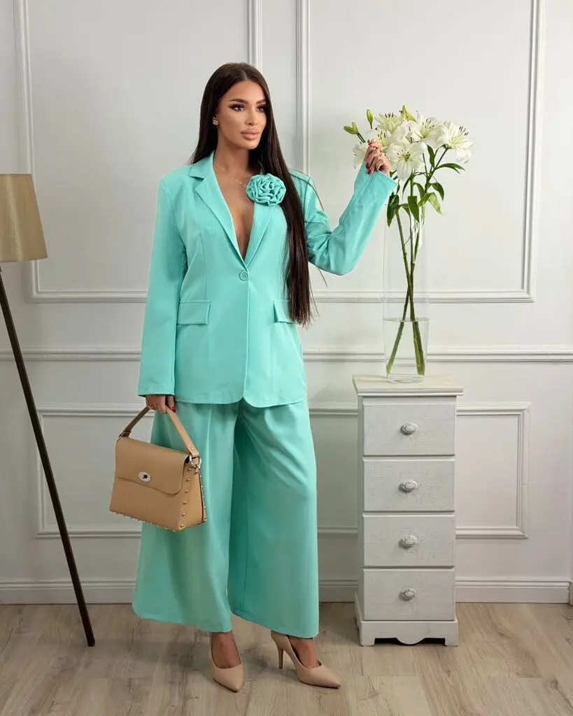 Squareonline Ženske pantalone Turquoise Bloom, Tirkizne