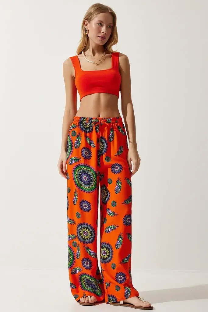 Happiness Istanbul Ženske Narandžasto Ljubičaste Šarene Lepršave Viskoza Regular fit Pantalone EN00606, Narandžasta Ljubičasta / Orange