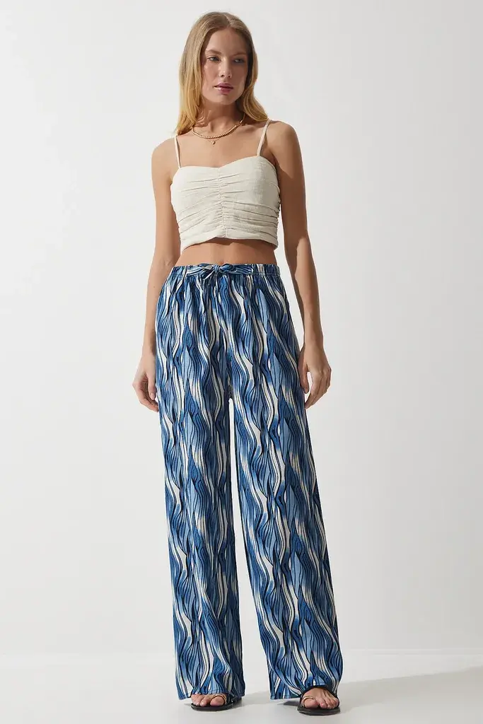 Happiness Istanbul Ženske Plave Krem Šarene Lepršave Viskoza Regular fit Pantalone EN00606, Plavo Krem / Plavo