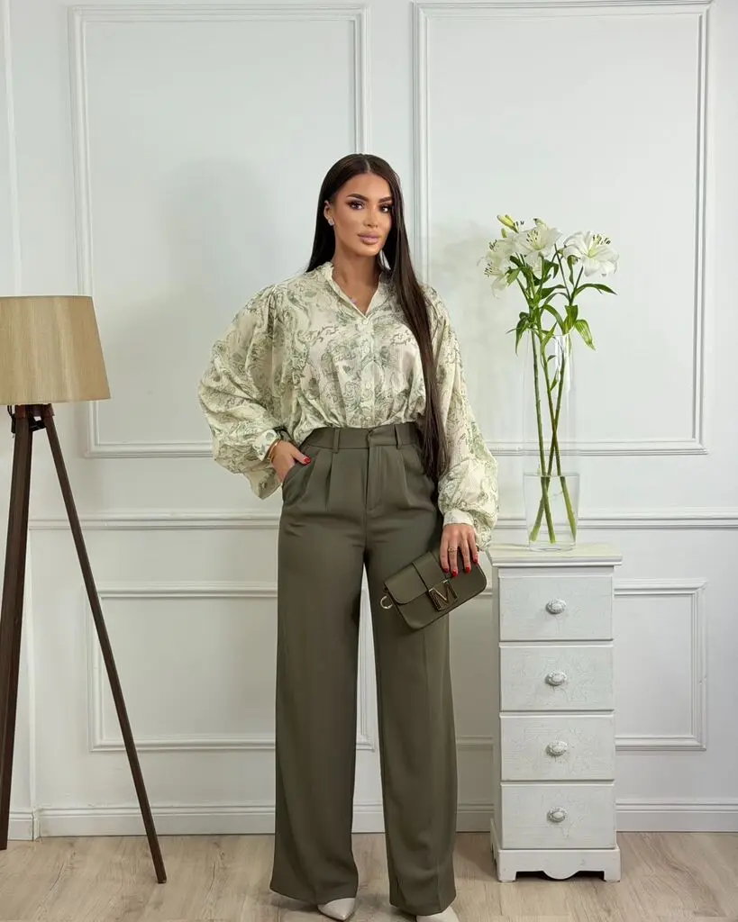 Squareonline Ženske pantalone Olive Flow, Maslinaste