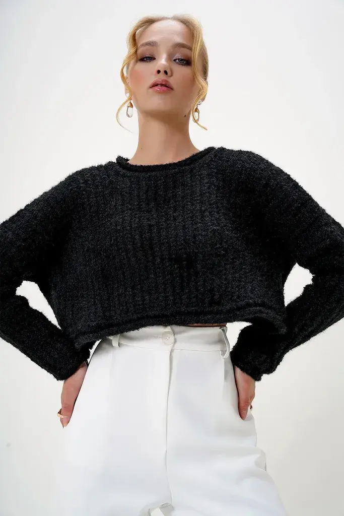 Trend Alacati Stili Ženska bluza dugih rukava Alc-X13135, Okrugli izrez, Crna