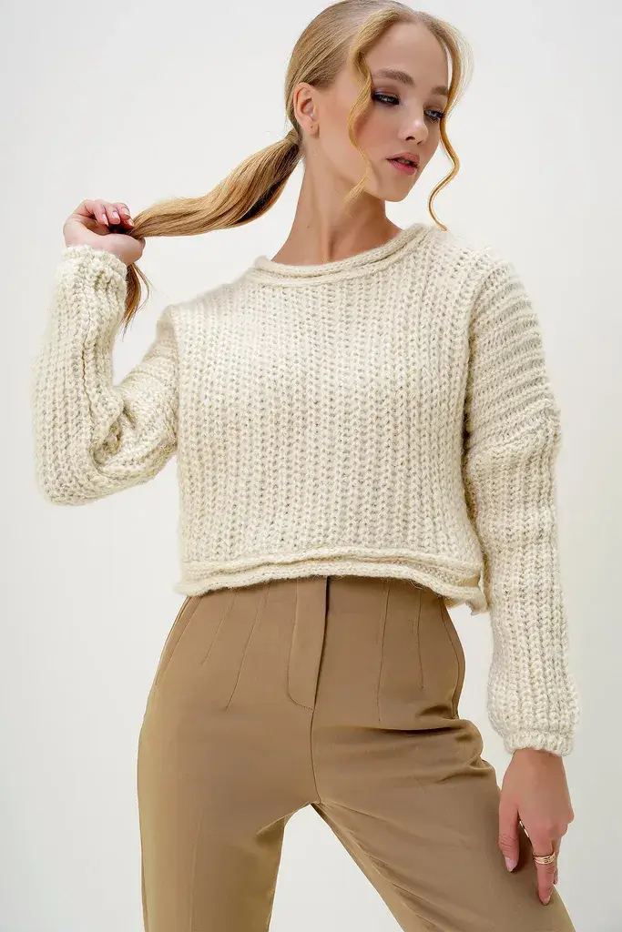 Trend Alacati Stili Ženska bluza dugih rukava Alc-X13135, Okrugli izrez, Krem