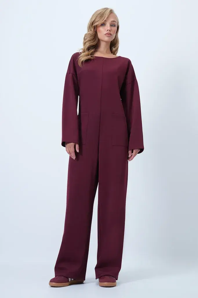 Trend Alacati Stili Bordo kombinezon sa okruglim izrezom, rajsferšlusom na leđima i opuštenim krojem Alc-X14554, Bordo / Bordo