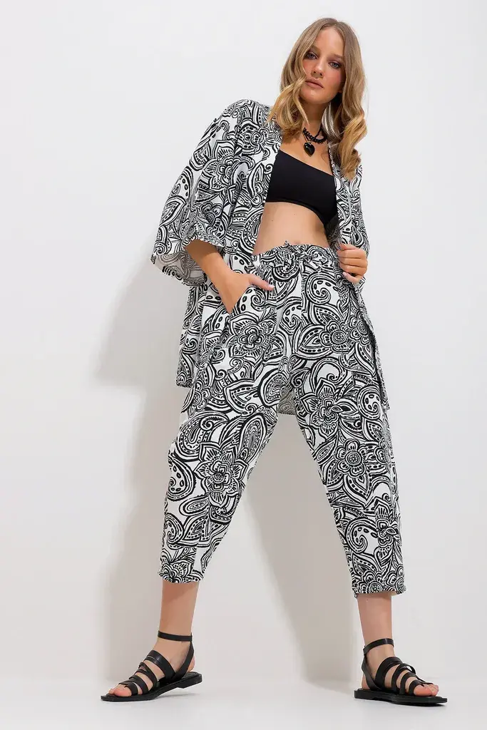Trend Alacati Stili Ženski komplet košulja i pantalone Alc-X11752, Crno-beli