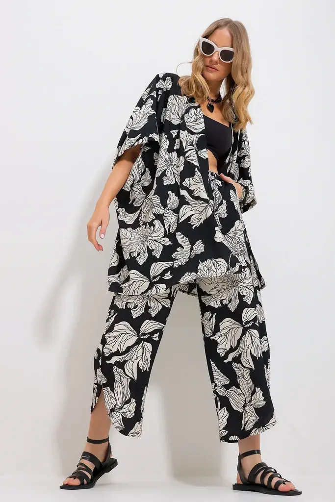 Trend Alacati Stili Ženski komplet kardigan i pantalone ALC-X11707, Crno-beli