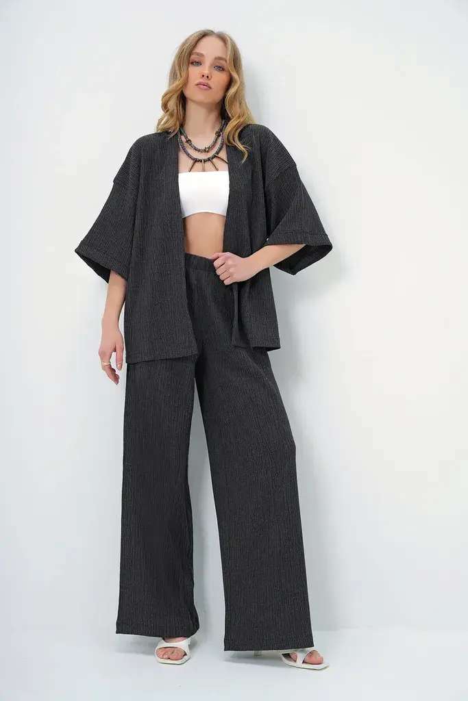 Trend Alacati Stili Ženski komplet kardigan i pantalone Alc-X13466, Tamnosivi