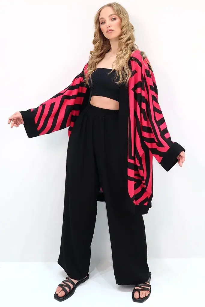 Trend Alacati Stili Ženski komplet kardigan i pantalone Alc-X13639, Crveno-crni