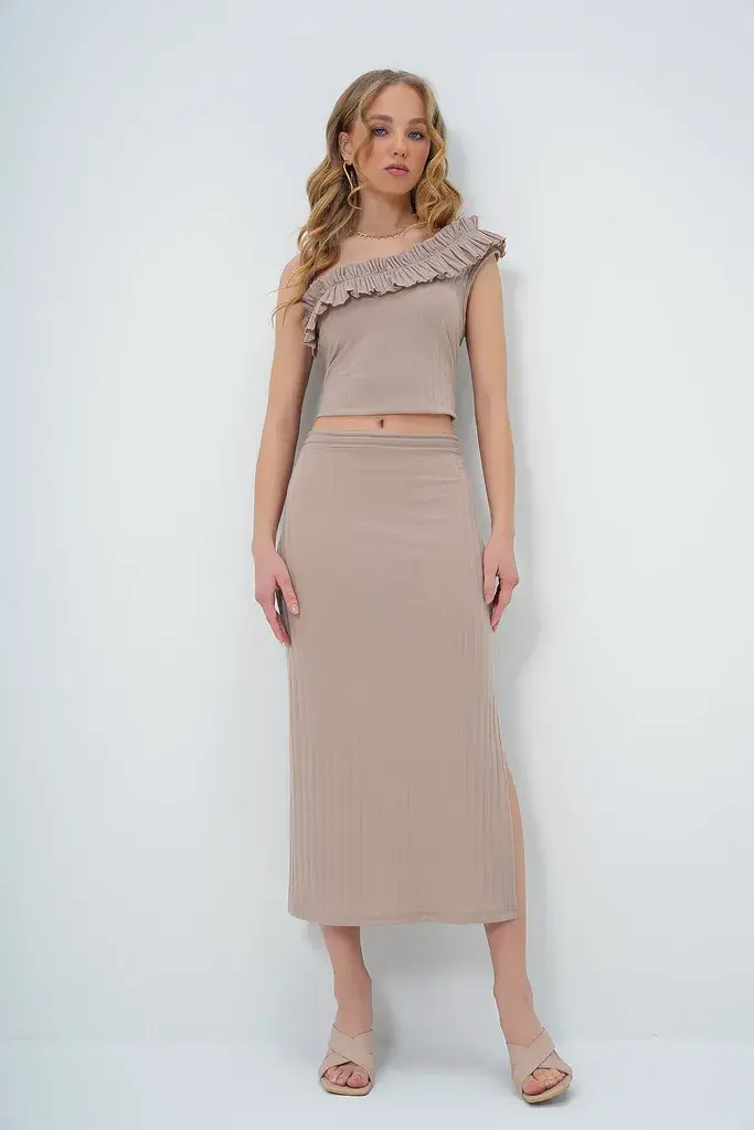 Trend Alacati Stili Ženski komplet bluza i suknja Alc-X13578, Bež
