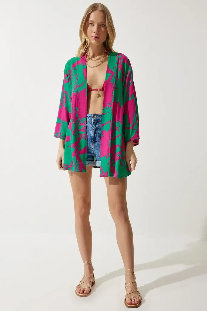 Happiness Istanbul Ženski Zeleno Roze Šareni Viskoza Kimono EN00615, Zeleno Roze / Zeleno