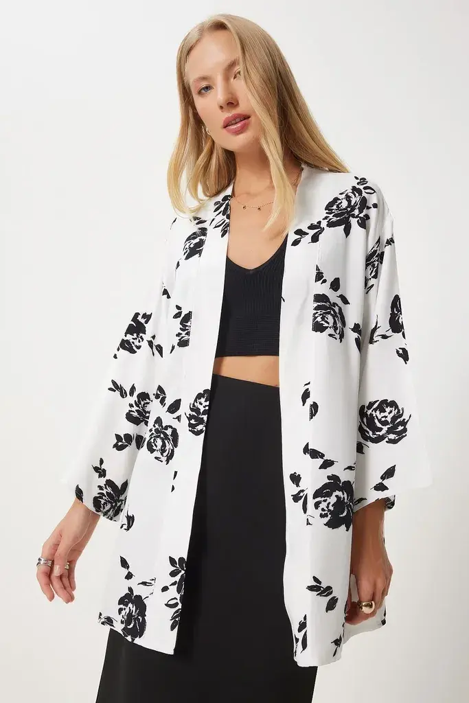 Happiness Istanbul Ženski Beli Šareni Viskoza Kimono EN00615, Beli / Beli
