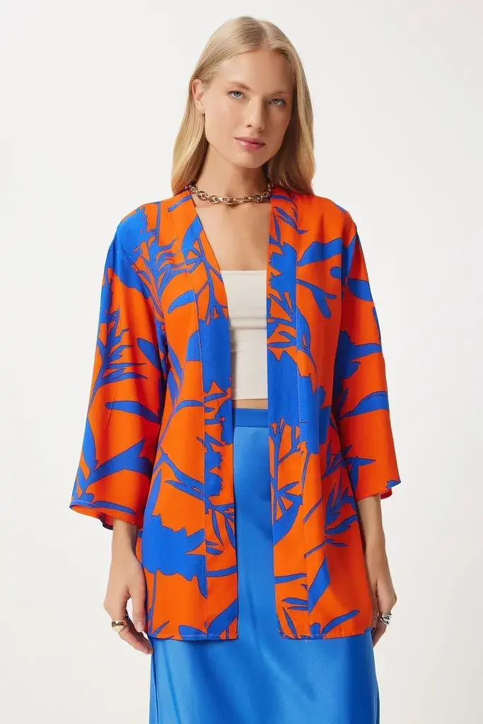 Happiness Istanbul Ženski Plavo Narandžasti Šareni Viskoza Kimono EN00615, Plavo Narandžasti / Plavi