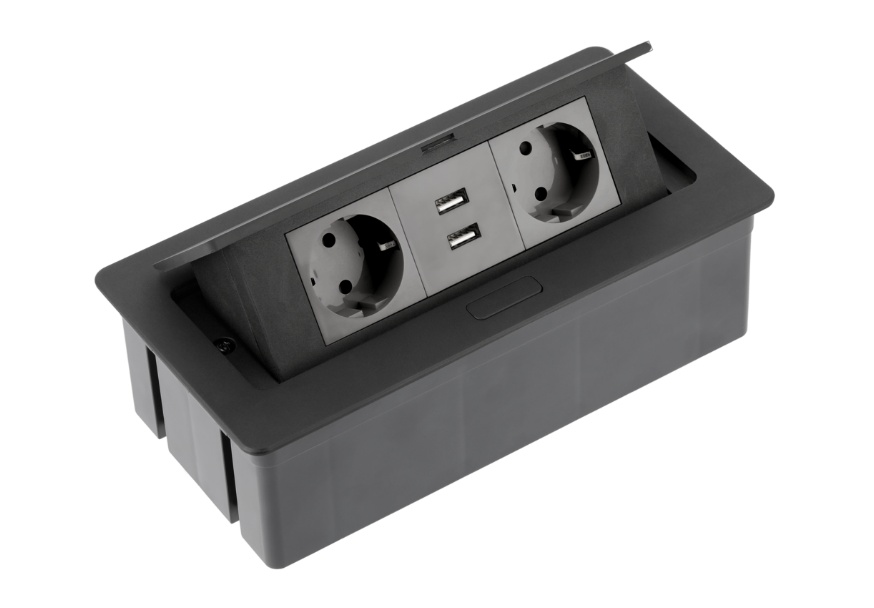 -RASPRODAJA ELEKTRIČNA KONZOLA/UTIČNICA GTV TELEBLOK CRNA, 2xSchuko, 2xUSB, stari model