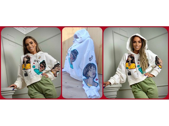 Beli oversize pamučni duks ženski motivi 100% pamuk