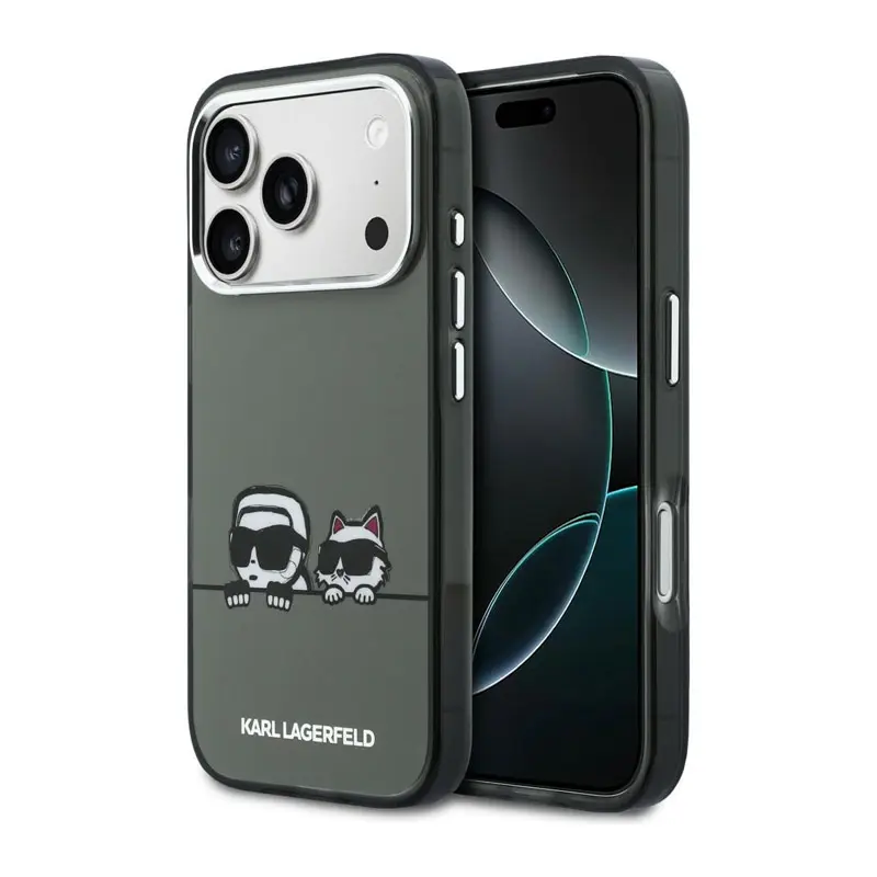 Maska za iPhone 17 Pro Max Karl Lagerfeld IML Karl & Choupette Peekaboo Logo MagSafe siva