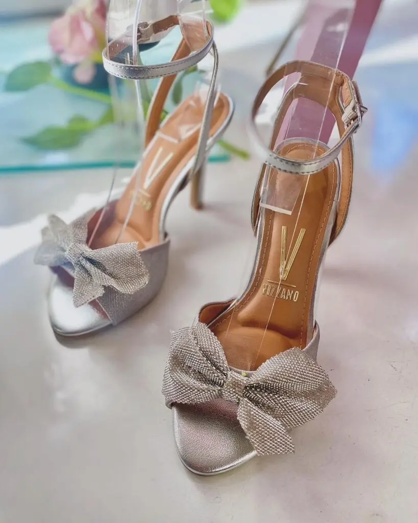 Squareonline Ženske sandale na štiklu Silver Bow Glam, Srebrne boje