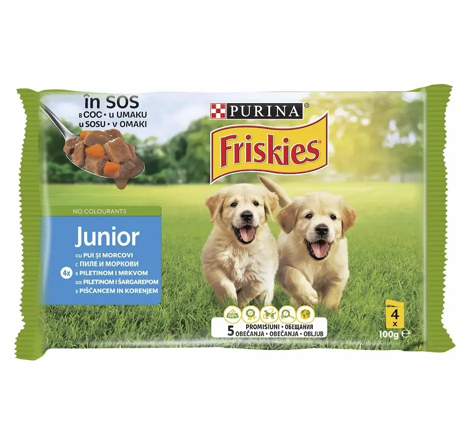 FRISKIES Vlažna hrana za pse sa ukusom piletine i šargarepe, 100g, 4 komada
