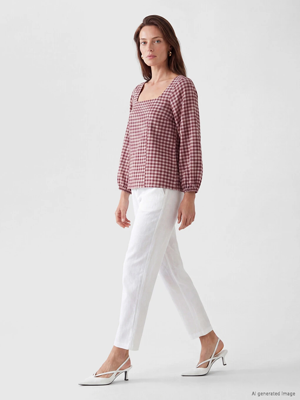 LCW EVERYDAY Kvadratna Kragna Karirana Puf Rukava Bluza