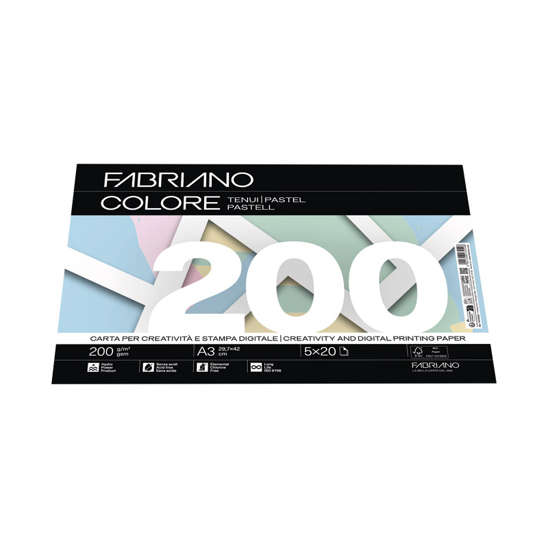 PAPIR COLORE A3 200G PK100 FABRIANO 19100820 PASTELNA MEŠAVINA 5BOJA