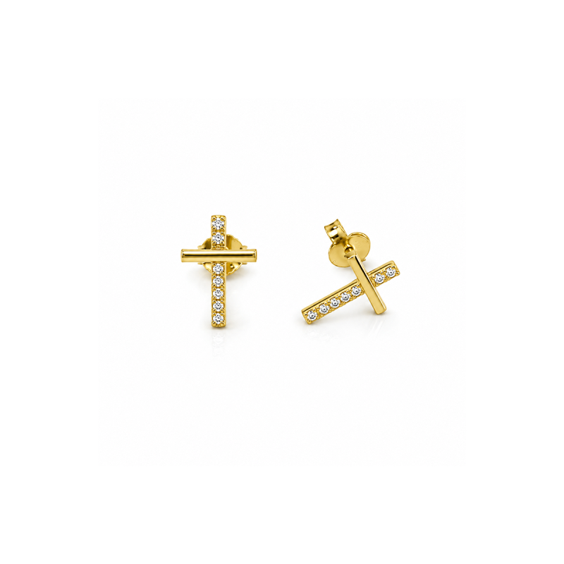 PIPE CROSS 14KT GOLD EARRINGS WITH ZIRCONS