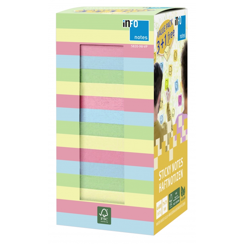 Samolepljivi Color Mix Pack 75x75, KOCKA 400 Listova, 3+1 Gratis Info Notes